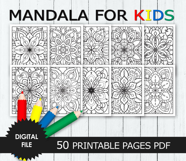 Mandala 50 Printable Coloring Pages For Kids, Bonus 2 Free Covers, For ...