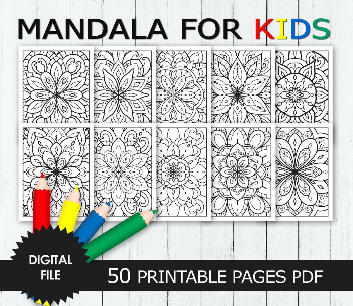 Mandala 50 Printable Coloring Pages For Kids, Bonus 2 Free Covers, For ...